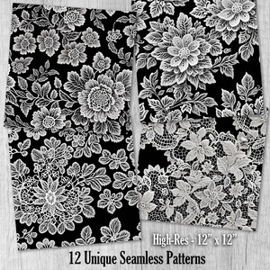 White Lace Floral Digital Paper White Lace Seamless Patterns on Black ...