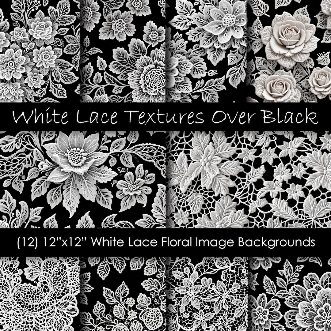 White Lace Floral Digital Paper White Lace Seamless Patterns on Black ...