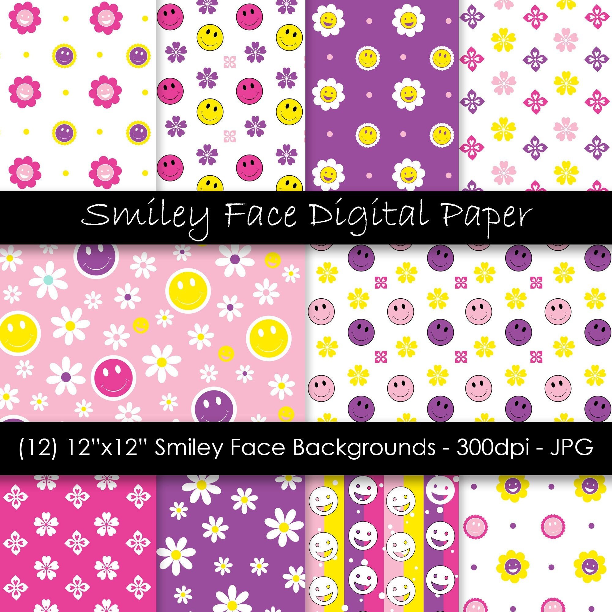 Pink and Purple Smiley Face Digital Papers Smiley Face & Flower ...