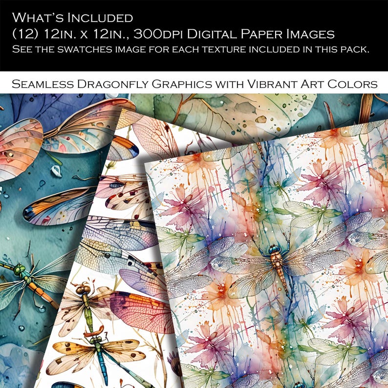 Dragonfly Art Digital Papers - Seamless Dragonfly Backgrounds - Vibrant ...