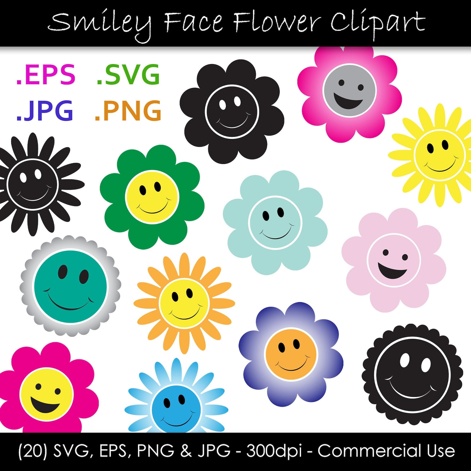Smiley Face Flower SVG Bundle Retro Smiley Face Clip Art Smile Face Cut ...