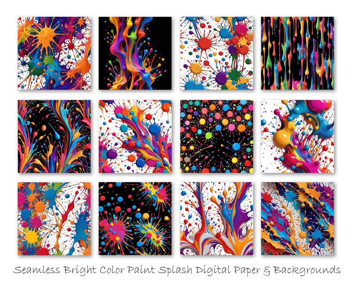 Paint Splatter Digital Paper: Vibrant Seamless Backgrounds (300 Dpi JPG ...