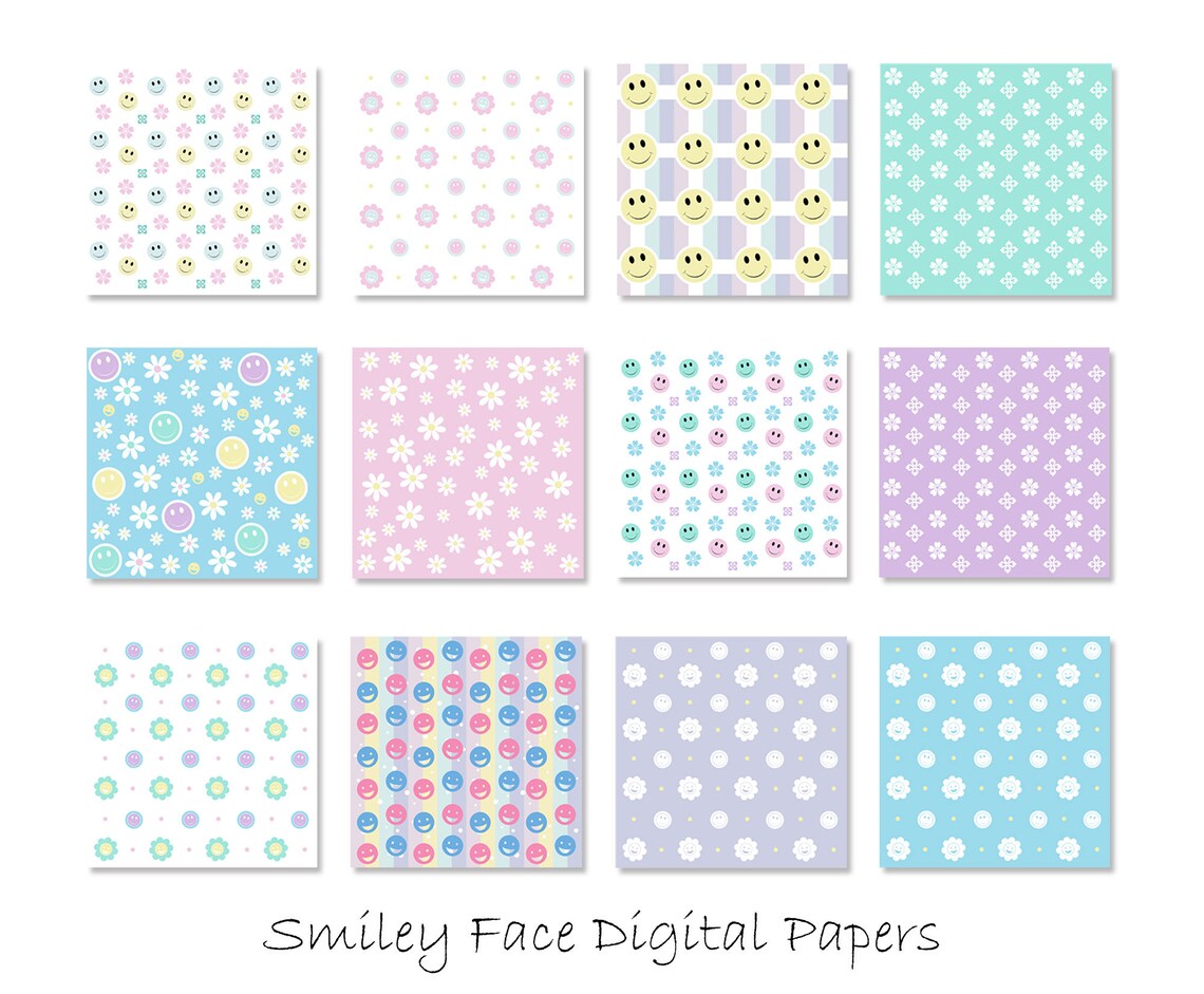 Smiley Face Digital Paper - Smiley Face & Flower Backgrounds - Blue and ...