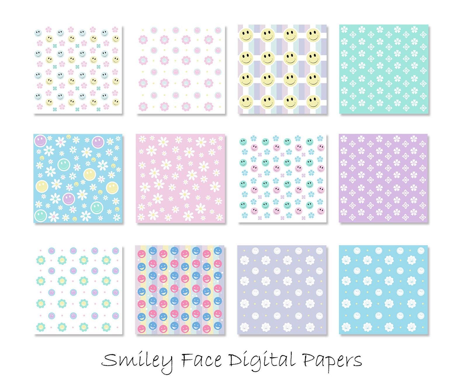 Smiley Face Digital Paper Smiley Face & Flower Backgrounds Blue and ...