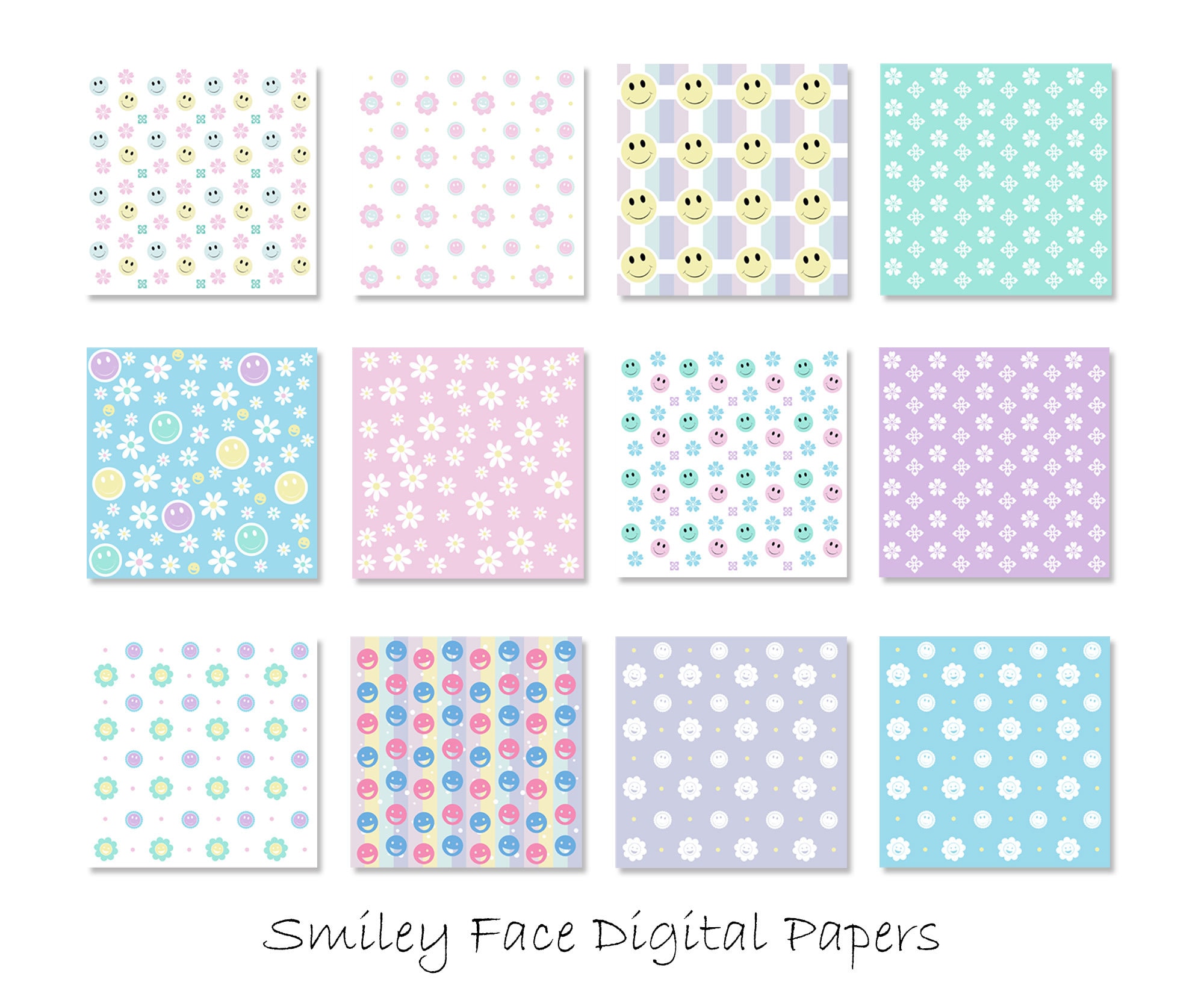 Smiley Face Digital Paper Smiley Face & Flower Backgrounds Blue and ...