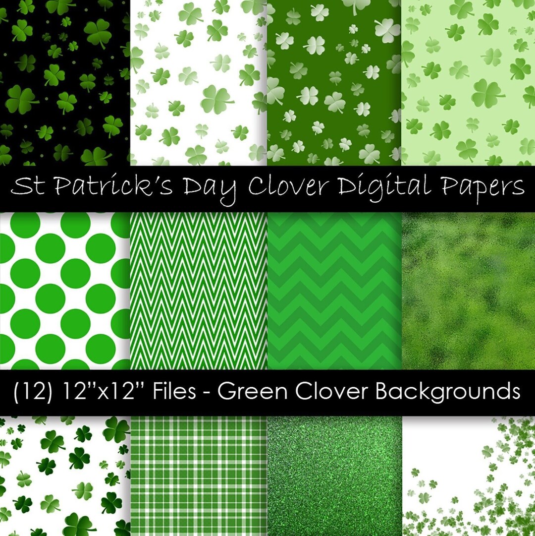 St Patrick's Day Digital Paper - Irish Shamrock Clover Patterns - Green ...