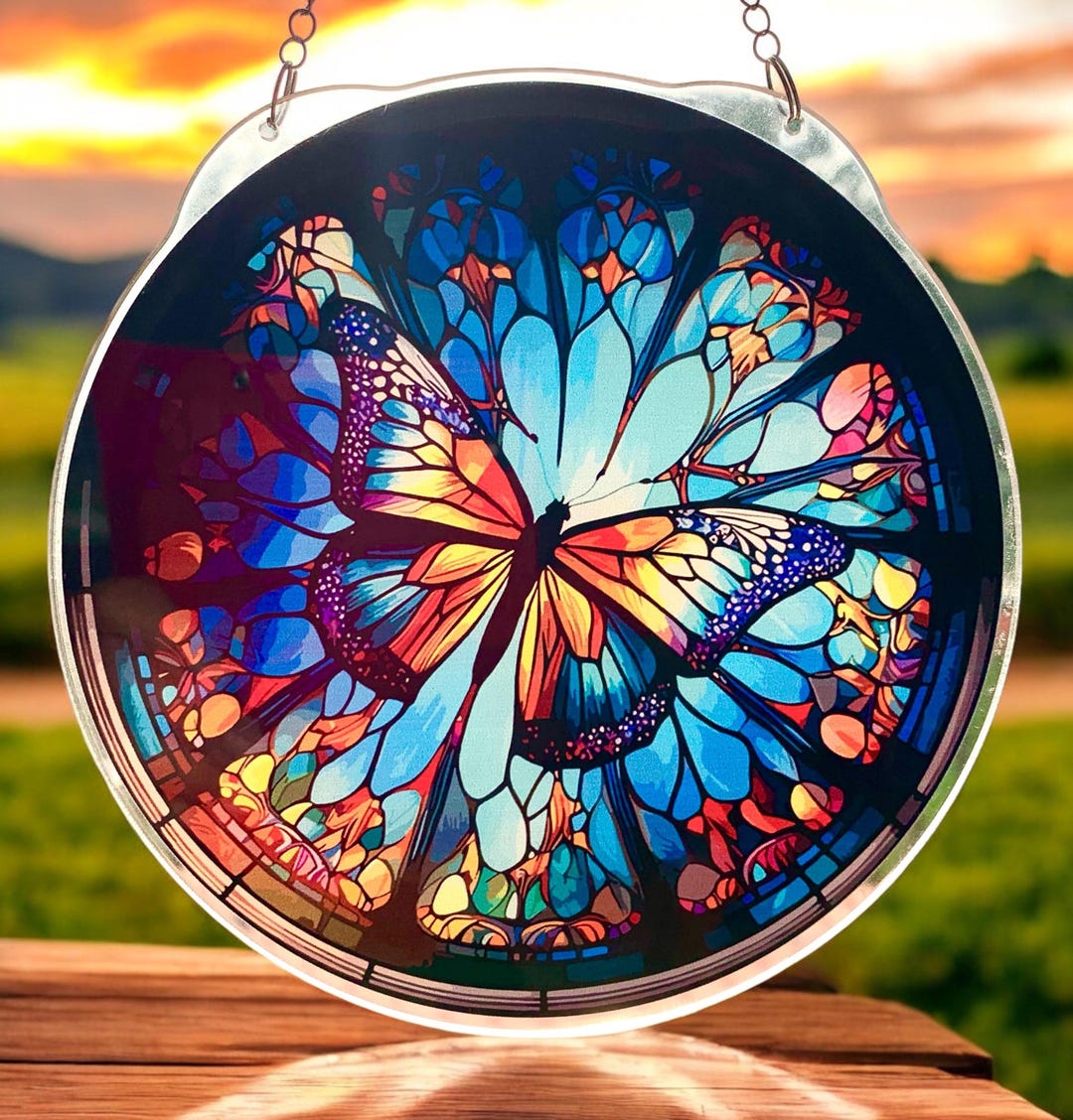 Butterfly Faux Stained Glass SUNCATCHER 6 Round Suncatcher Reusable ...