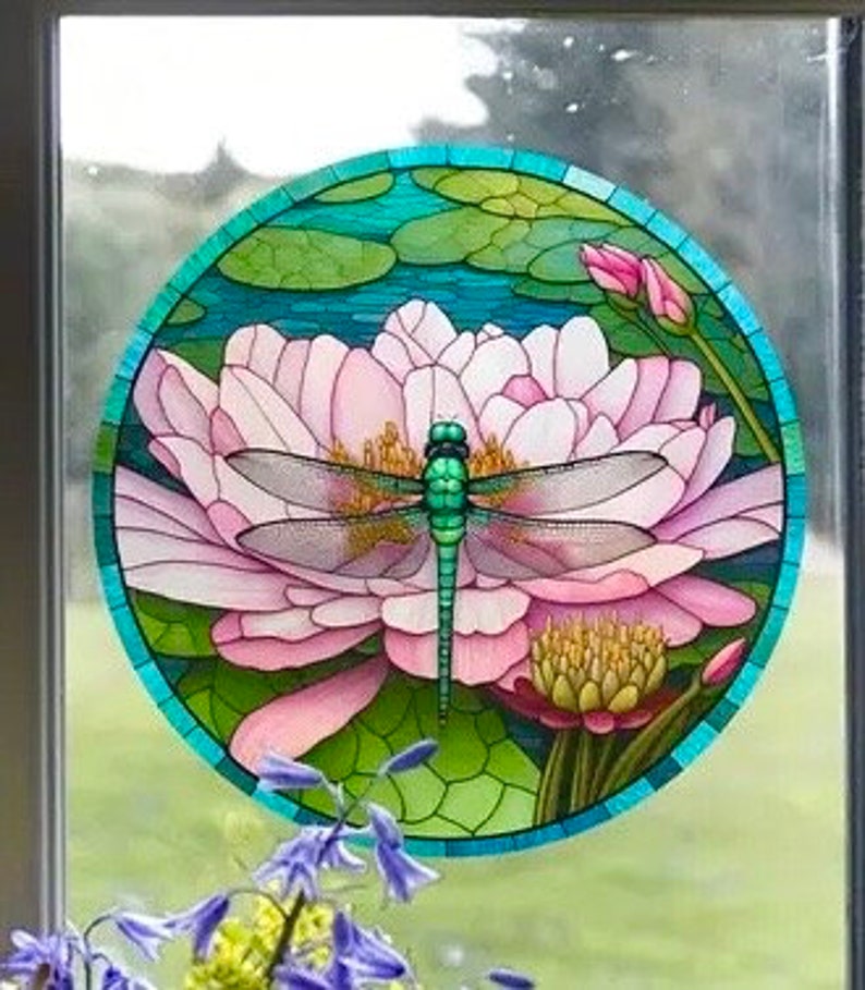 Dragonfly on Lotus Flower Faux Stained Glass WINDOW CLING 11 Round ...
