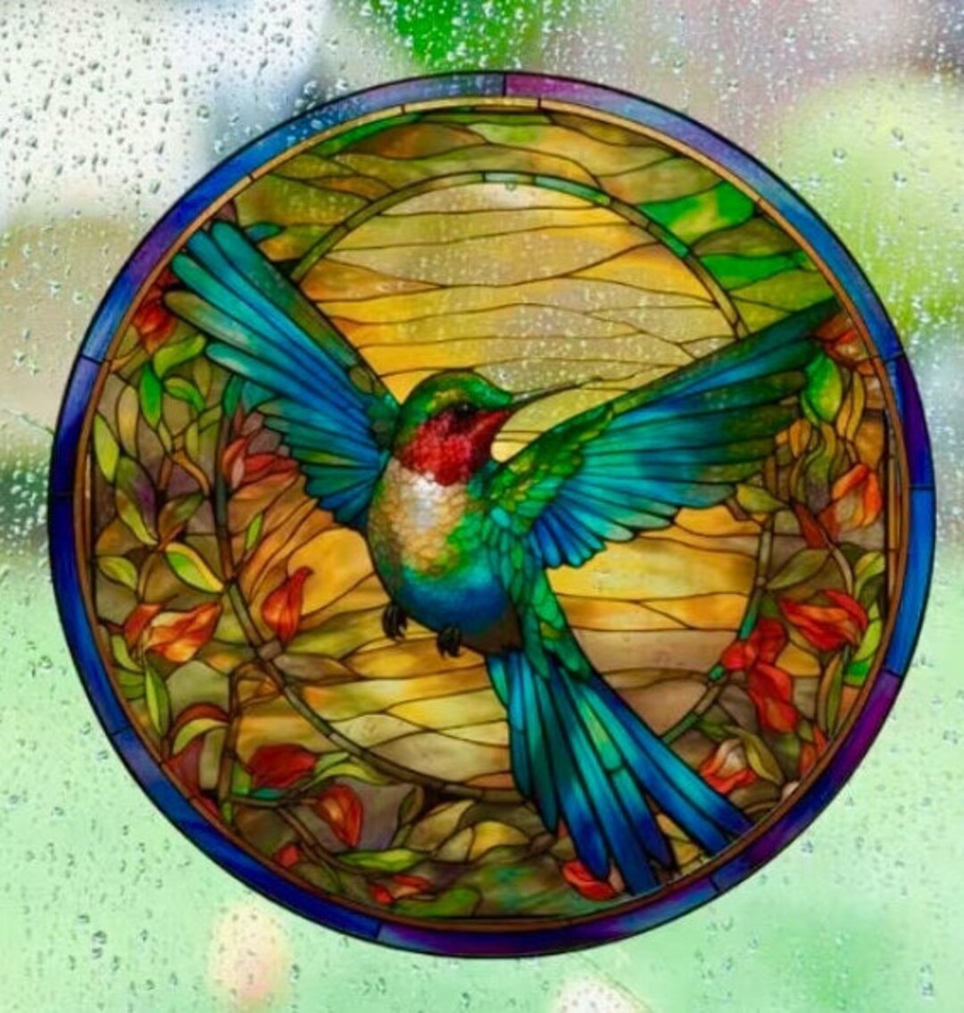 Hummingbird Faux Stained Glass WINDOW CLING 9 Round Suncatcher Reusable ...
