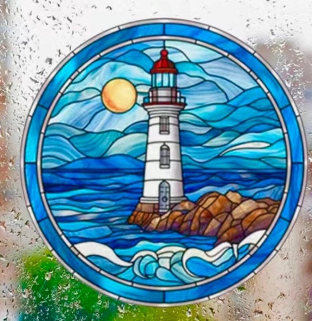 Lighthouse Faux Stained Glass WINDOW CLING 9 Round Suncatcher Reusable ...