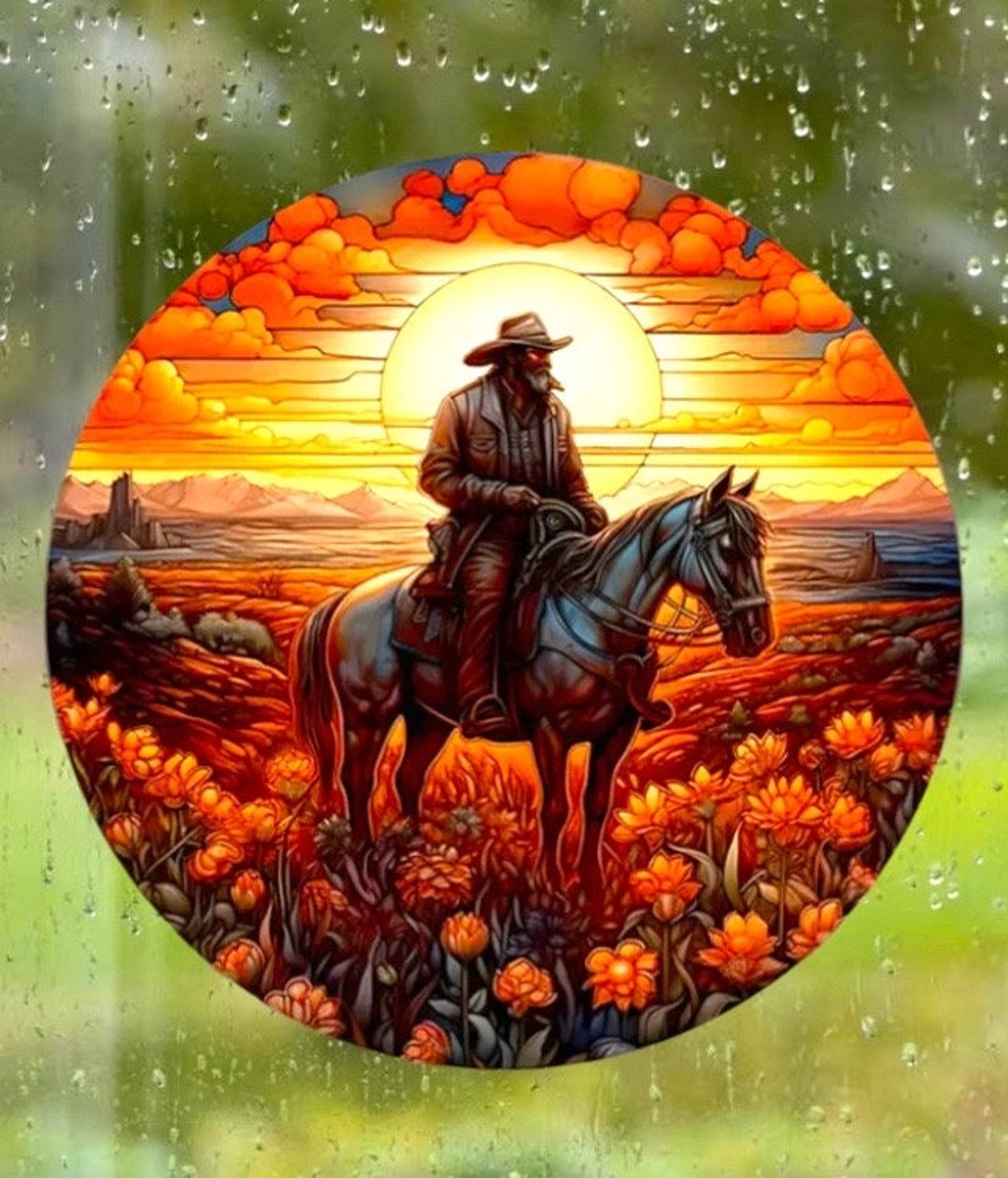 Cowboy Faux Stained Glass WINDOW CLING 8 Round Suncatcher Reusable ...