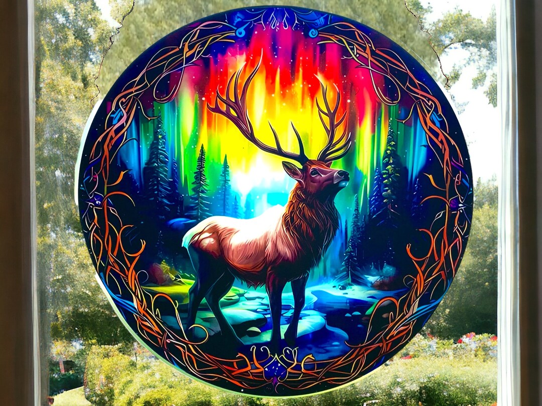 Deer Faux Stained Glass WINDOW CLING 9 Round Suncatcher Reusable Vinyl ...