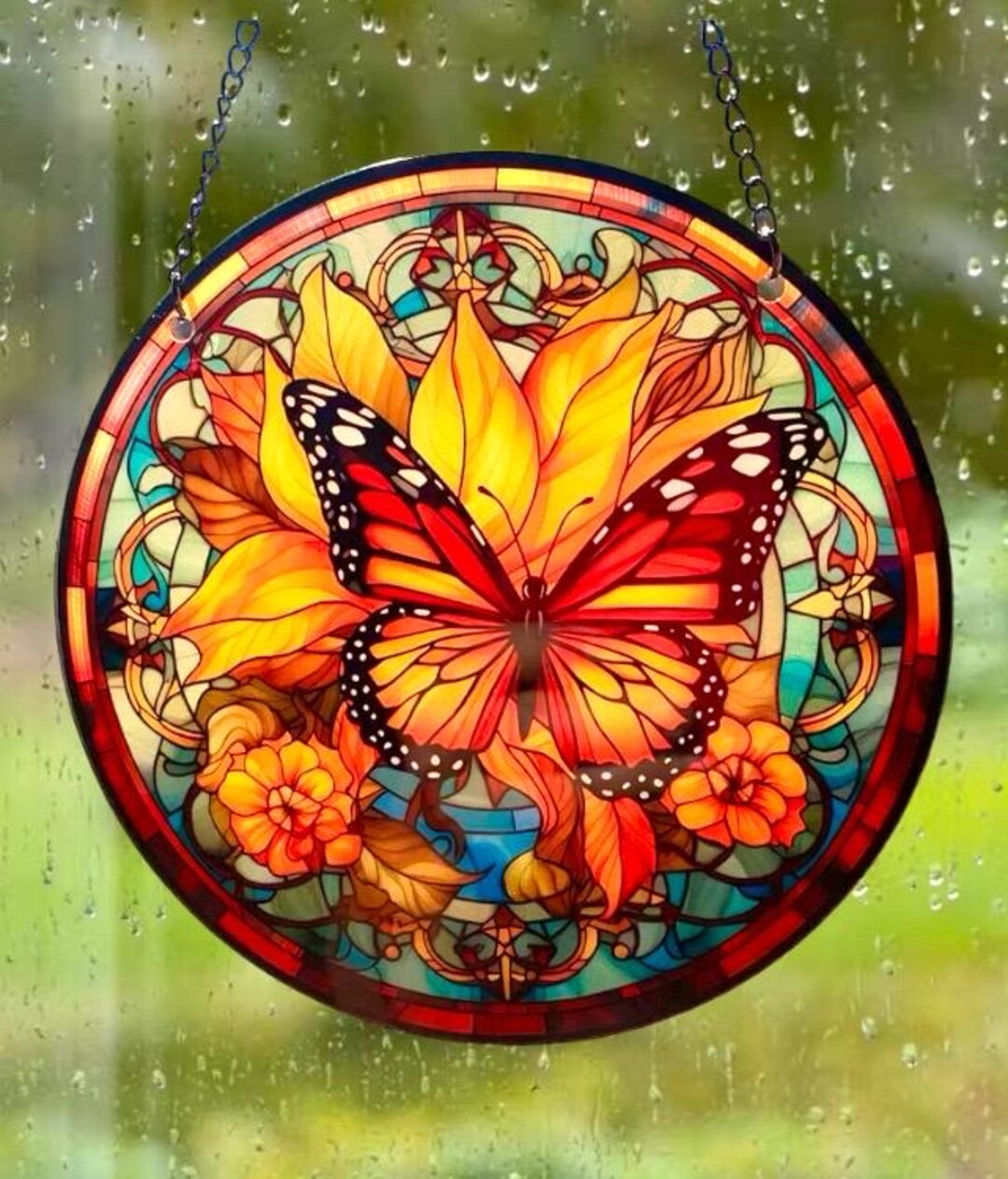 Butterfly Faux Stained Glass SUNCATCHER - 6” Round Suncatcher ...