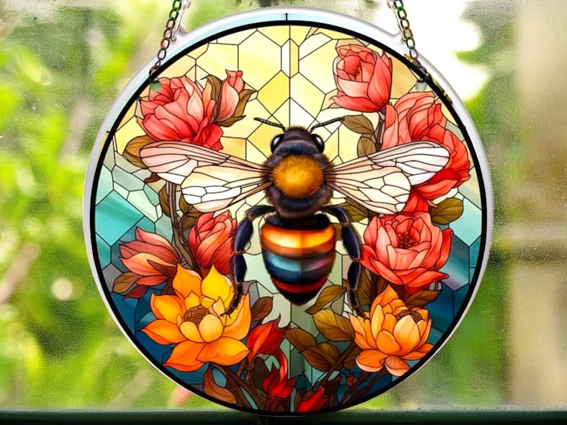 Honey Bee Faux Stained Glass SUNCATCHER 6 Round Suncatcher Reusable ...