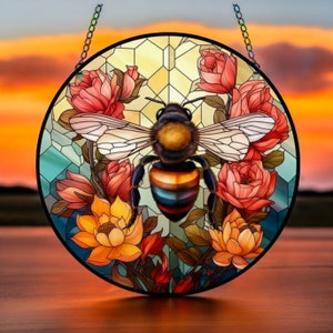 Honey Bee Faux Stained Glass SUNCATCHER 6 Round Suncatcher Reusable ...