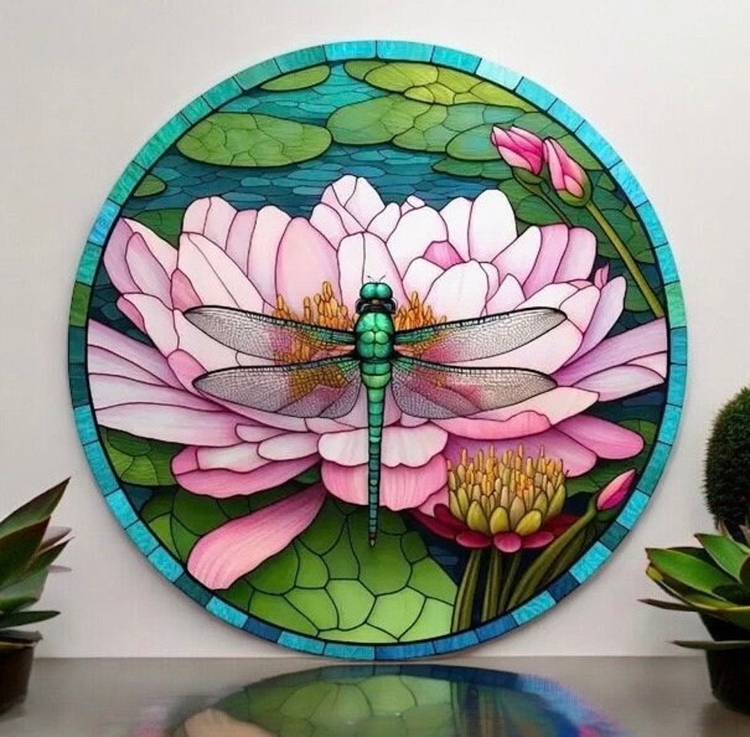 Dragonfly on Lotus Flower Faux Stained Glass WINDOW CLING 11 Round ...