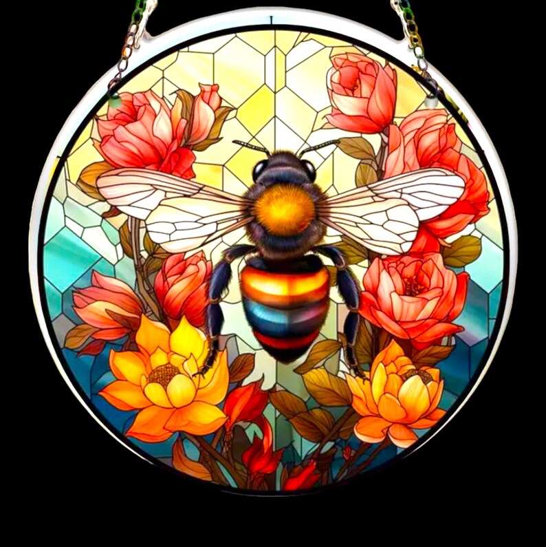 Honey Bee Faux Stained Glass SUNCATCHER 6 Round Suncatcher Reusable ...