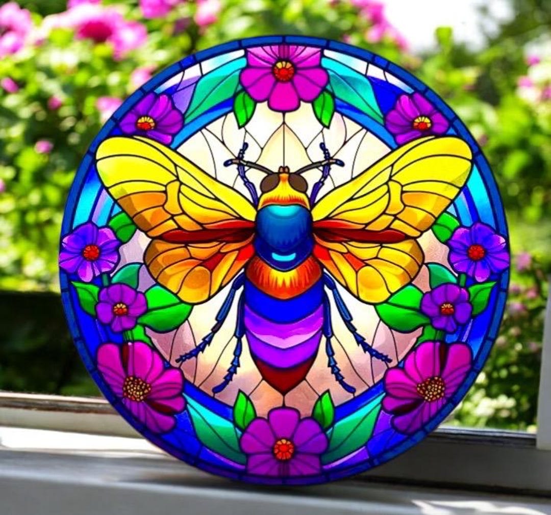 BEE Faux Stained Glass WINDOW CLING 7 Round Suncatcher Reusable Vinyl ...