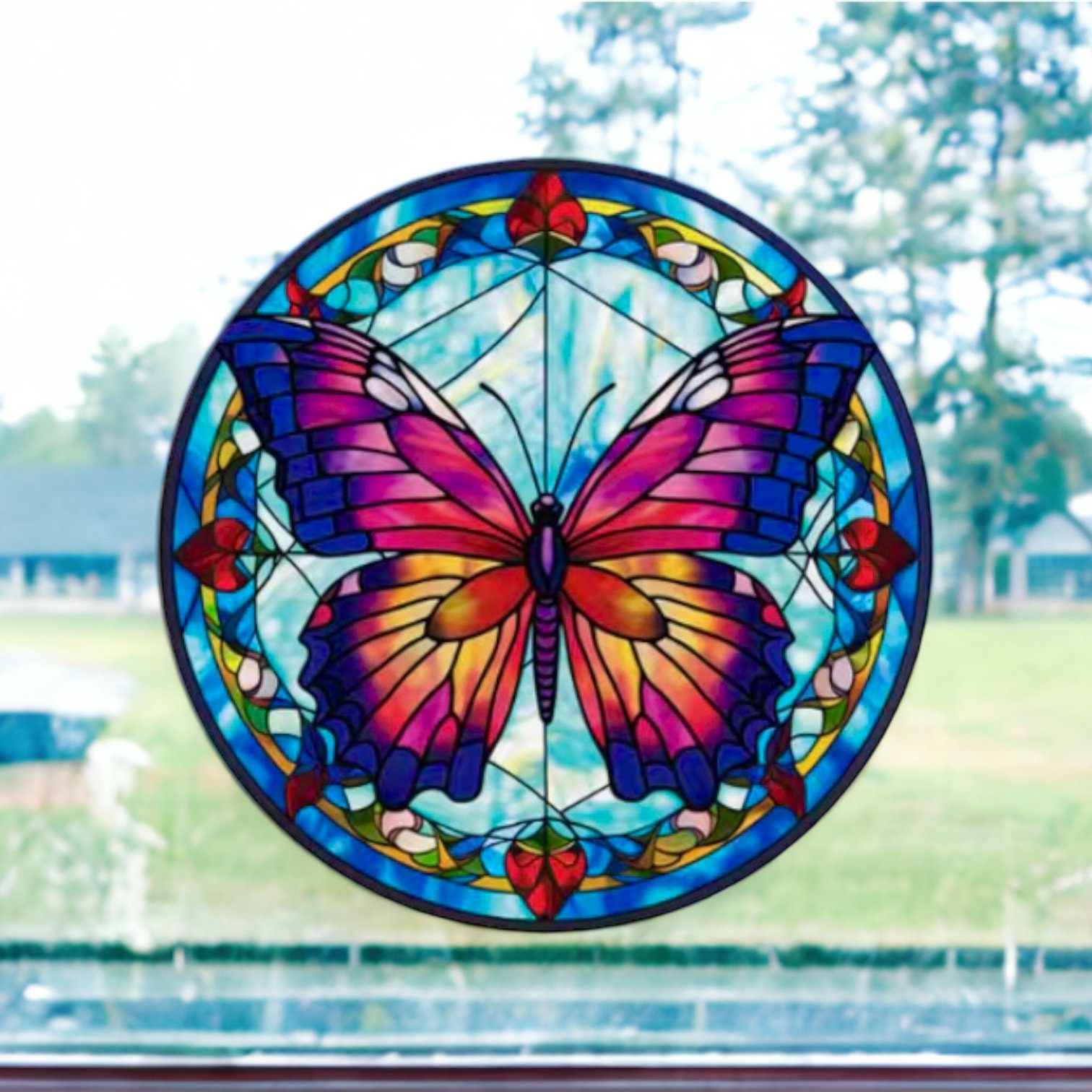 Butterfly Faux Stained Glass WINDOW CLING 9 Round Suncatcher Reusable ...