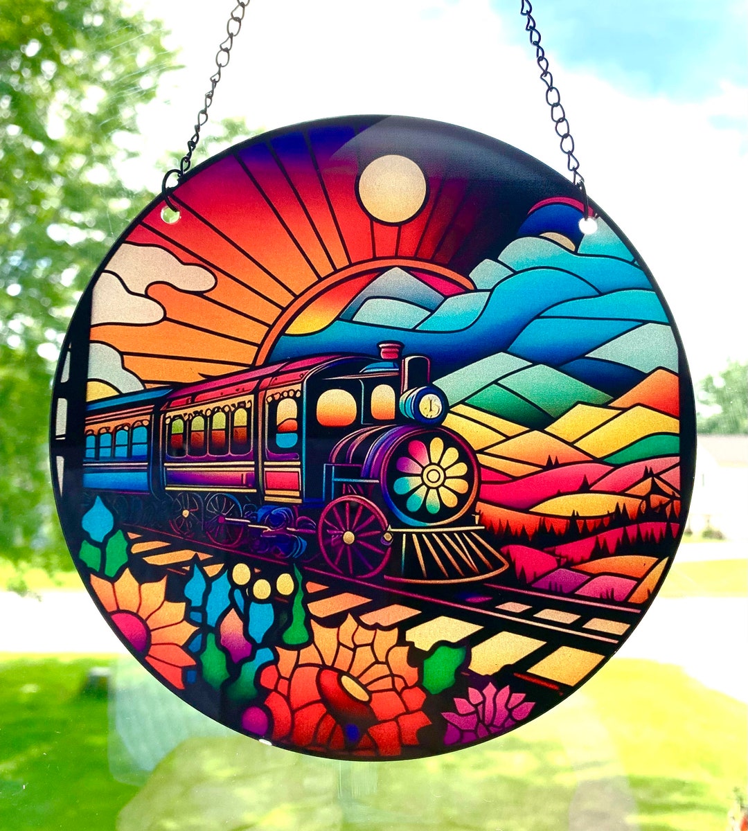 TRAIN Faux Stained Glass SUNCATCHER 6 Round Suncatcher Reusable Acrylic ...