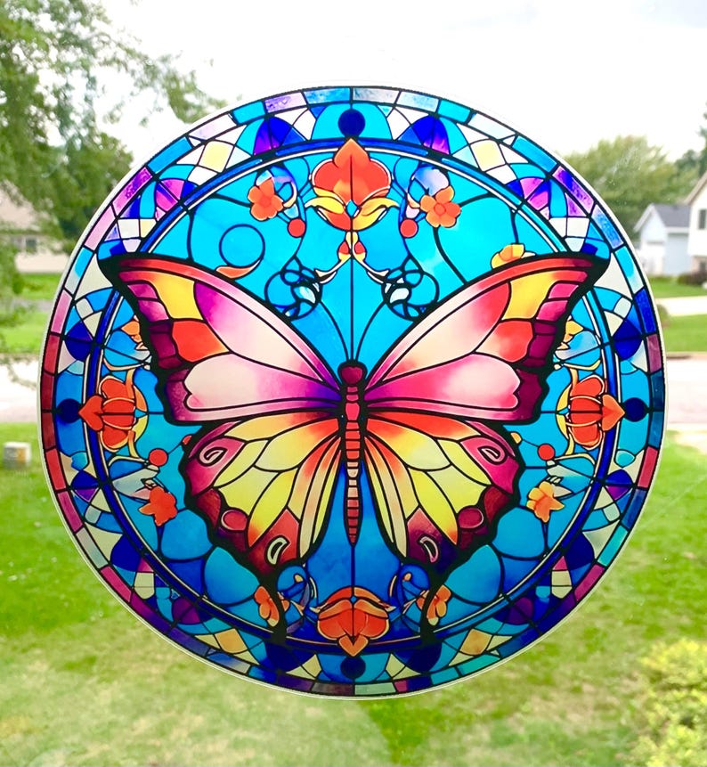 Butterfly Faux Stained Glass WINDOW CLING 9 Round Suncatcher Reusable ...