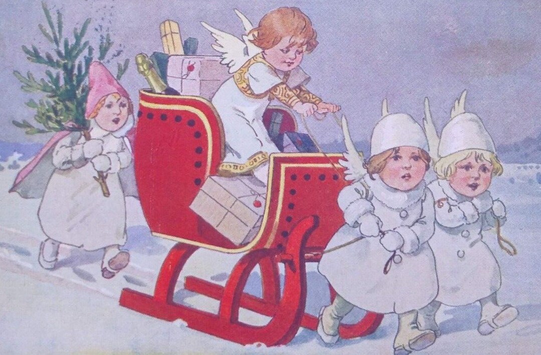 Fantasy Angels Sleigh Presents Signed Vintage Antique Christmas ...
