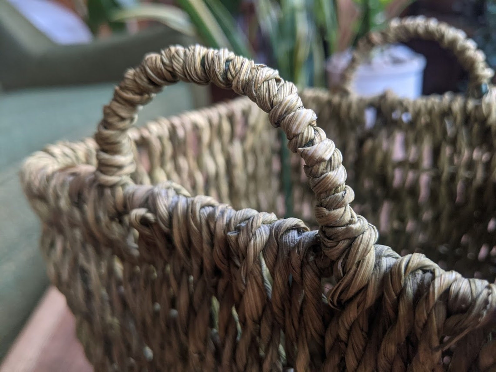 Small Green Woven Wicker Basket With Two Handles Bohemian | Etsy