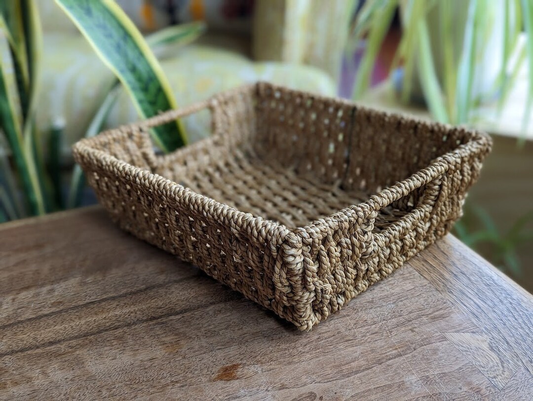 Woven Wicker Jute Handled Rectangle Basket | Rustic Country Farmhouse | Office Desk Kitchen ...