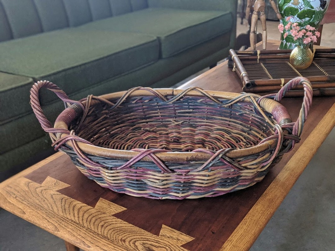 Rustic Colorful Woven Wicker Basket With Handles | Country Farmhouse ...