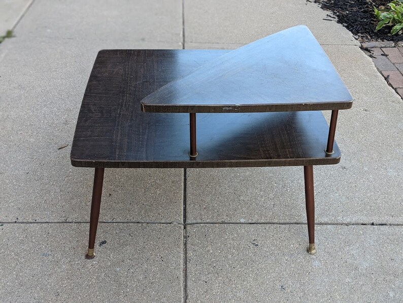 Mid-century Two-tiered Corner Formica Wood Table | Retro Eclectic ...