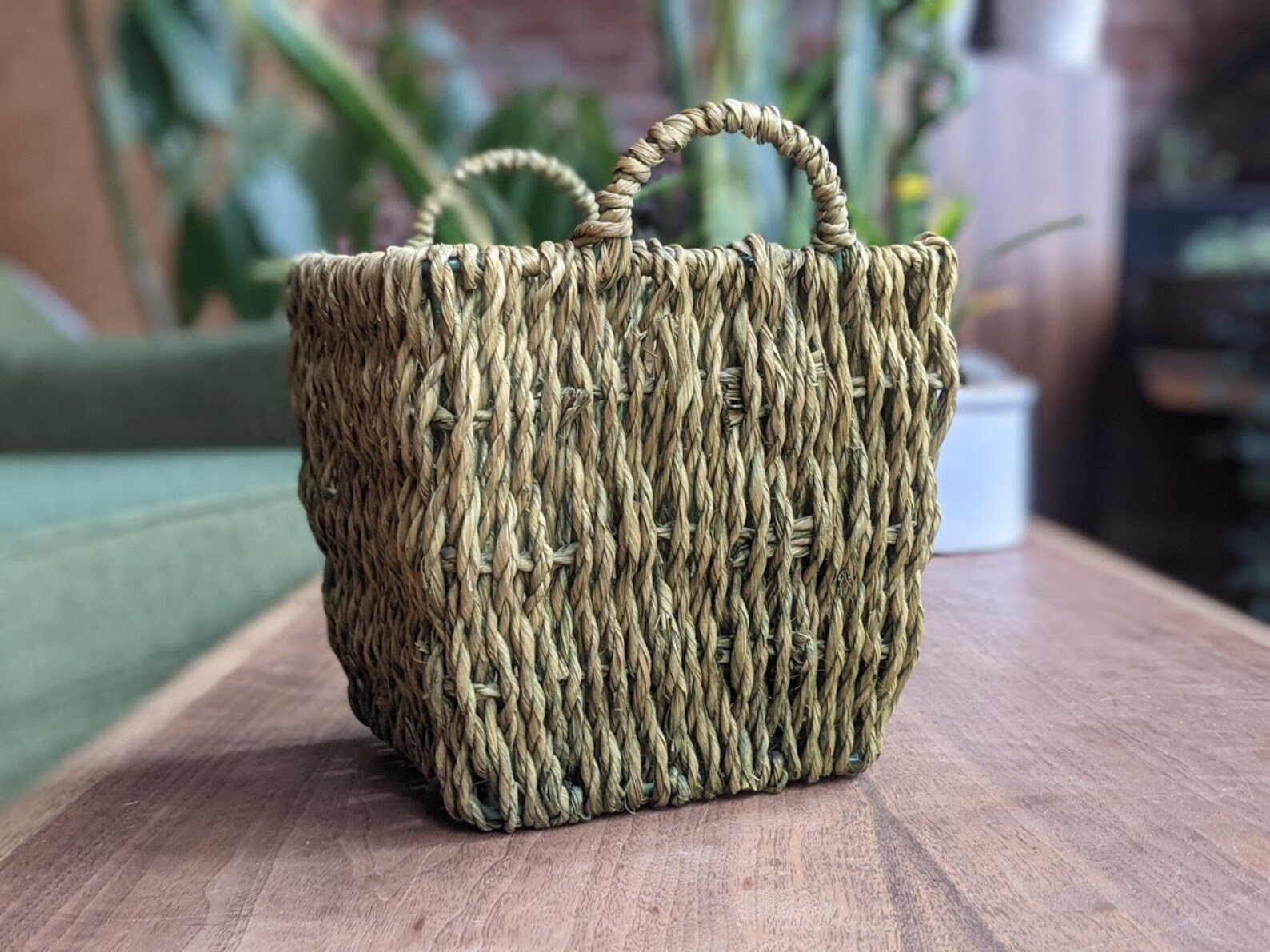 Small Green Woven Wicker Basket With Two Handles Bohemian | Etsy