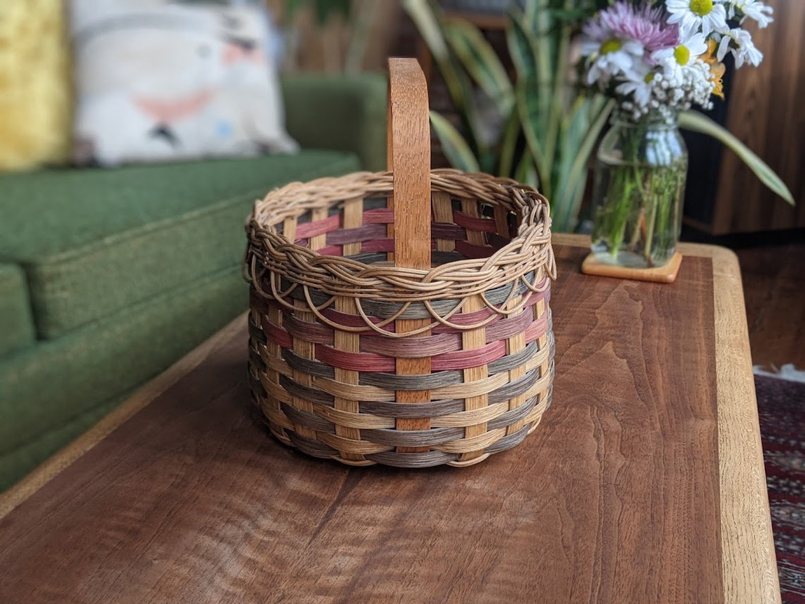 Red green blue woven wicker basket with handle farmhouse | Etsy