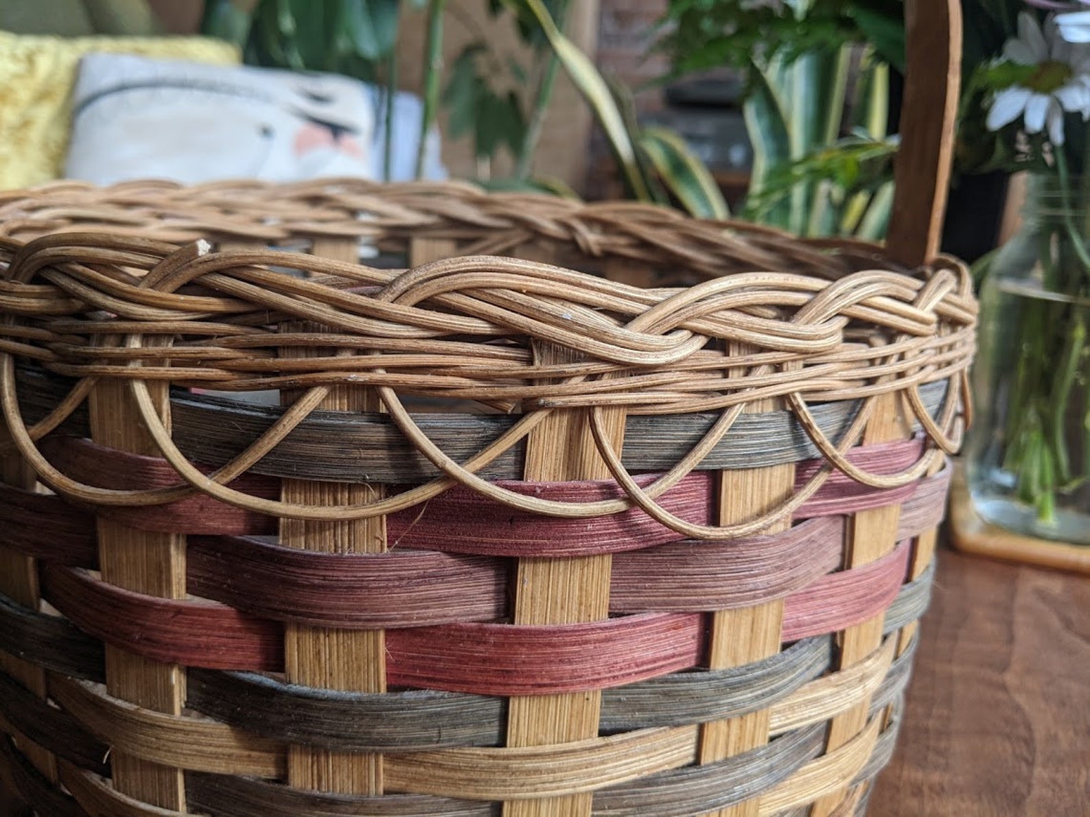 Red green blue woven wicker basket with handle farmhouse | Etsy
