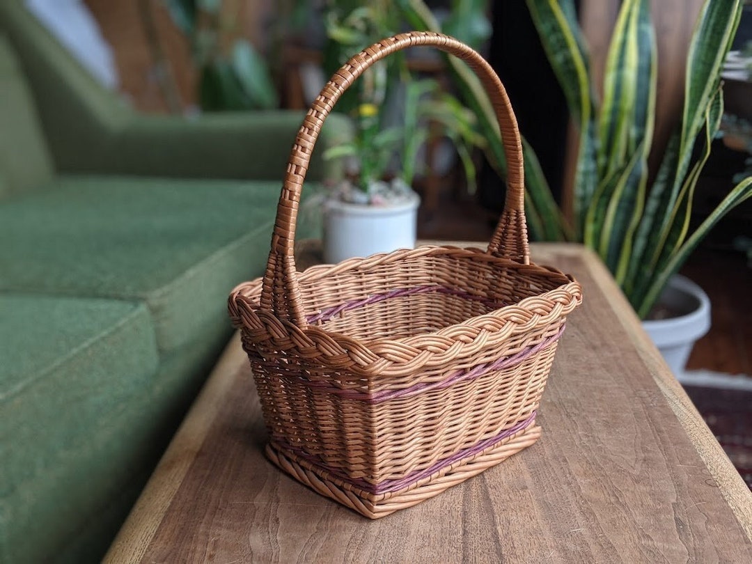 Vintage Rectangle Wicker Flower Basket With Red Burgundy Stripes Handle Rustic Country Farmhouse Bohemian Garden Wedding Etsy