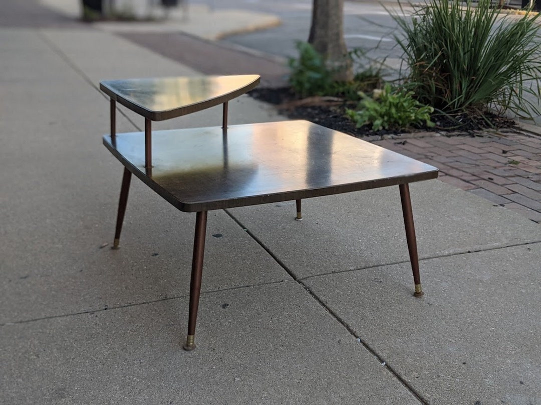 Mid-century Two-tiered Corner Formica Wood Table | Retro Eclectic ...