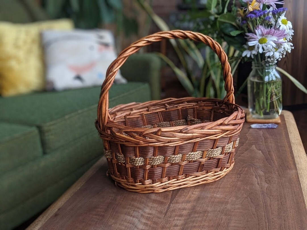 Braided Auburn Woven Wicker + Jute Flower Basket With Handle | Rustic ...