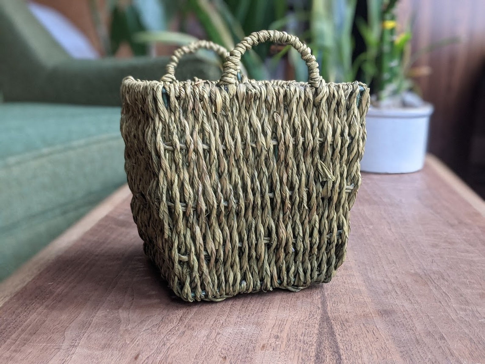 Small Green Woven Wicker Basket With Two Handles Bohemian | Etsy
