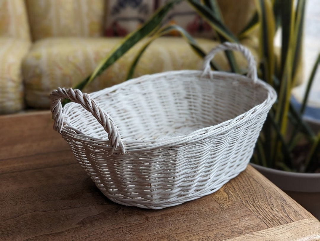 Long Oval White Woven Wicker Basket With Two Handles Rustic - Etsy