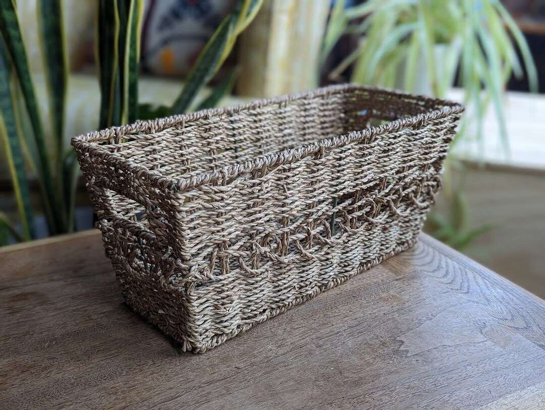 Long Woven Jute Rectangle Storage Basket | Rustic Country Farmhouse ...
