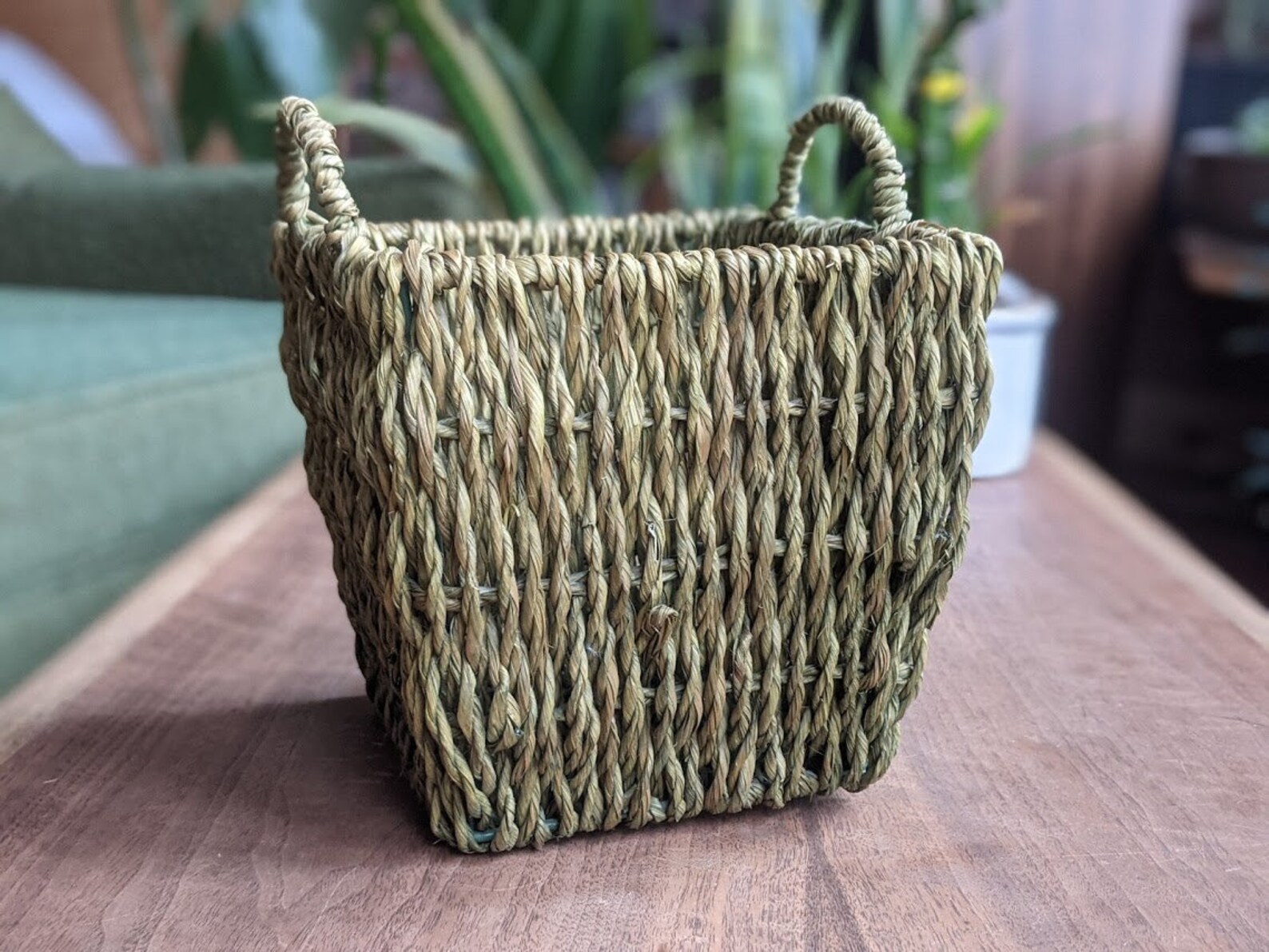 Small Green Woven Wicker Basket With Two Handles Bohemian | Etsy
