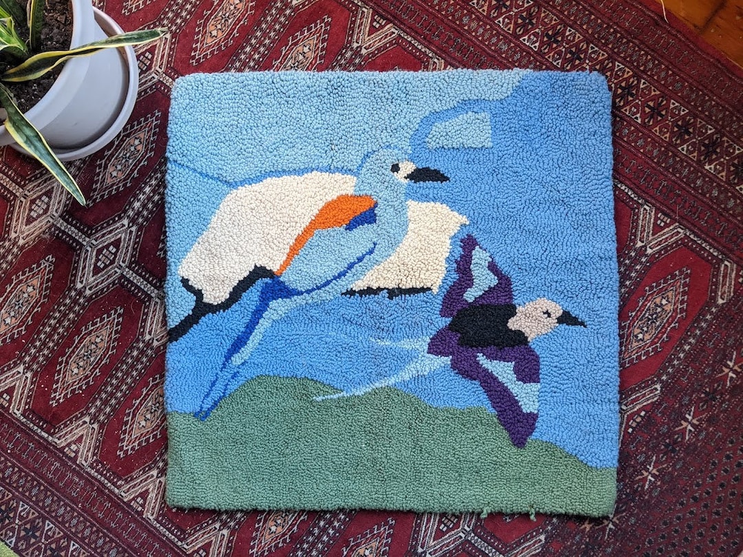 Vintage Punch Needle Bird Rug | Bohemian Eclectic Blue and White ...
