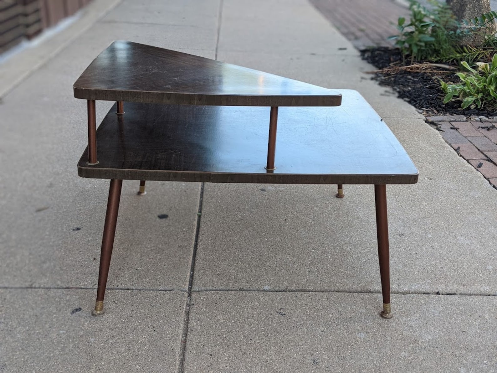 Mid-century Two-tiered Corner Formica Wood Table | Retro Eclectic ...