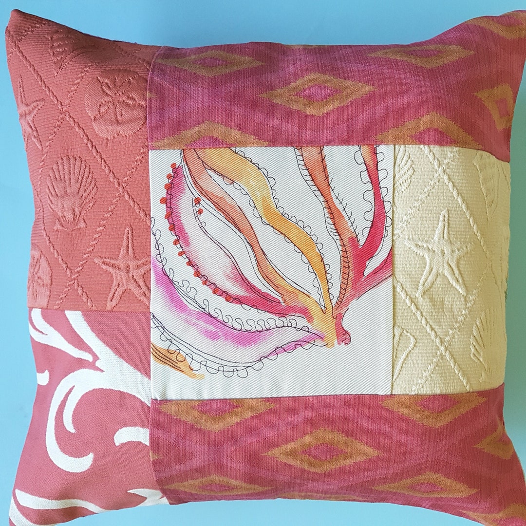 Coastal Vibe Coral, Fuchsia & Cream Luxury Textured 16x16 Patchwork ...