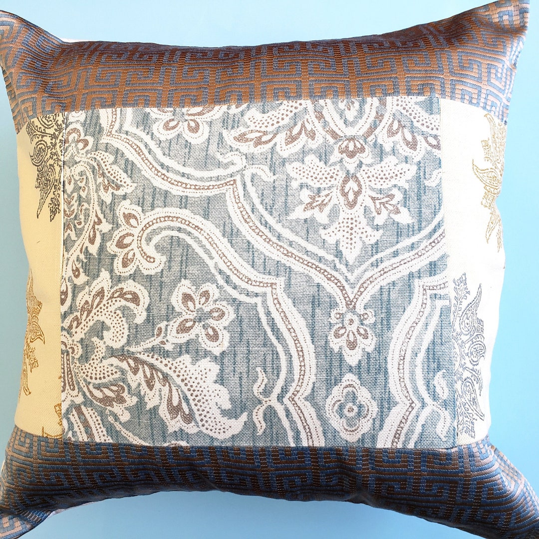 16x16 Pale Blue, Aqua, Cream & Yellow Boho Luxury Cushion Cover With ...