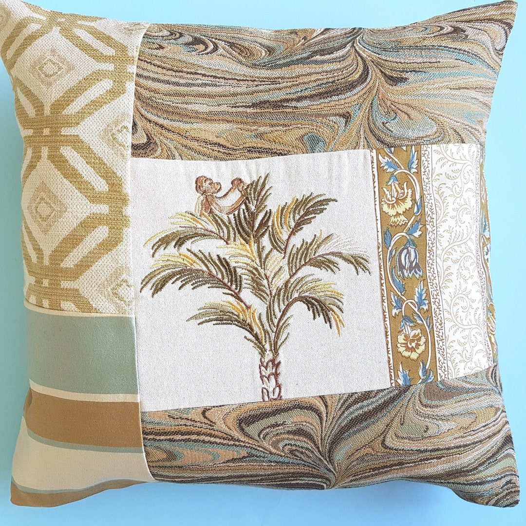 16x16 monkey & palm tree embroidered tropical luxury patchwork eco ...