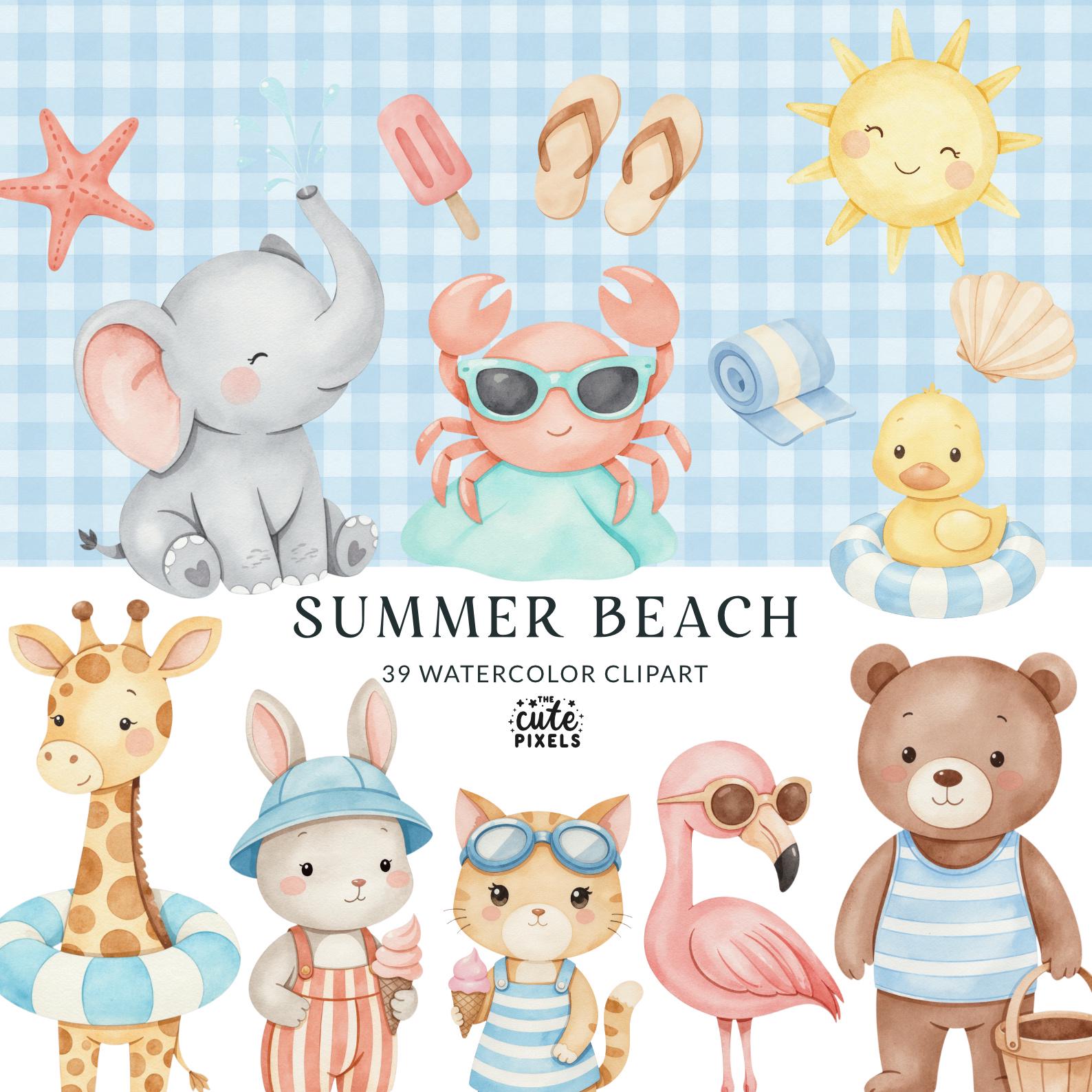 Beach Summer Clipart, Cute Beach Animals, Ocean Nursery Clipart, Baby ...