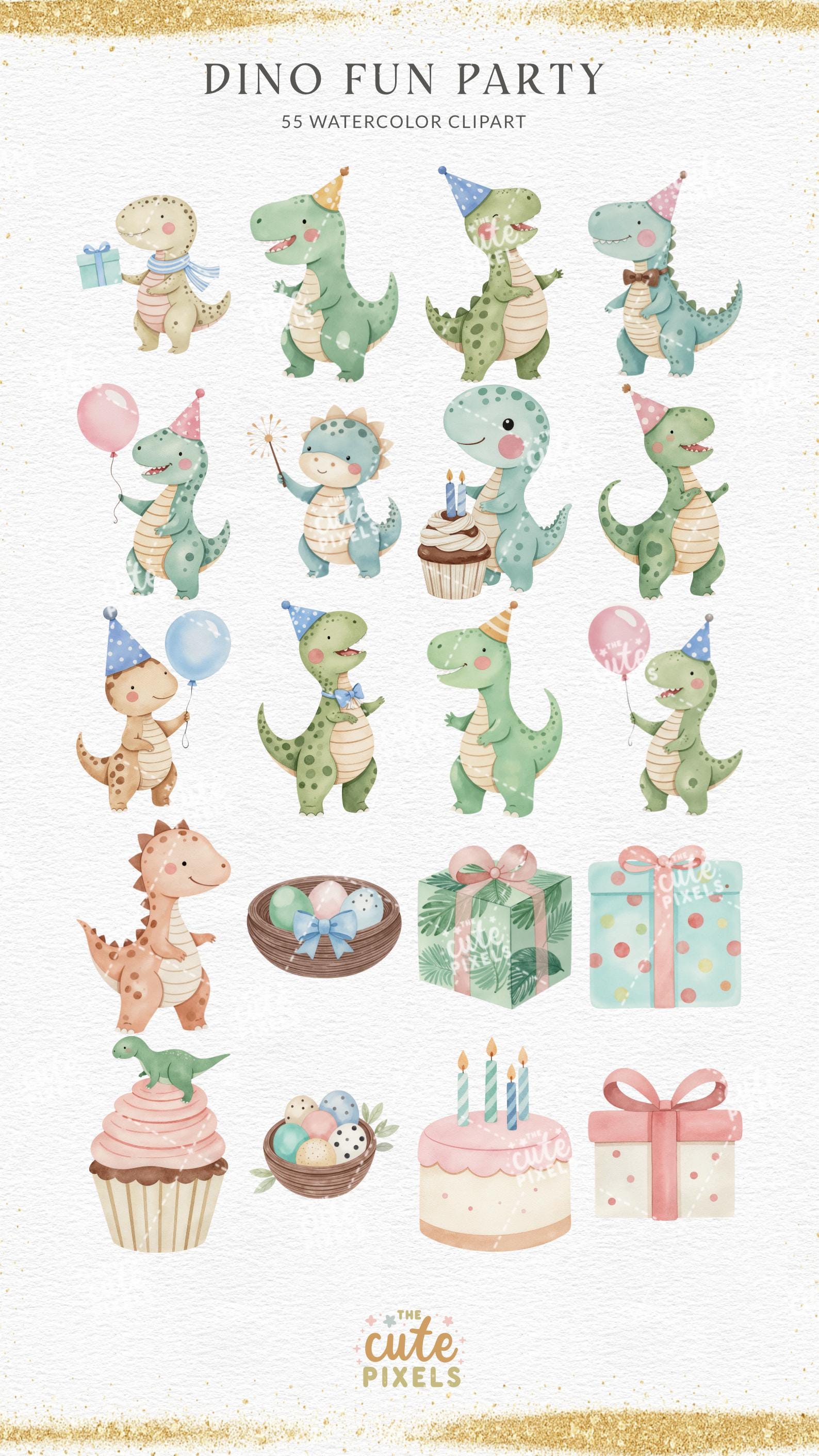 Dino Birthday Watercolor, Cute Dinosaur Party Clipart, Jurassic World ...