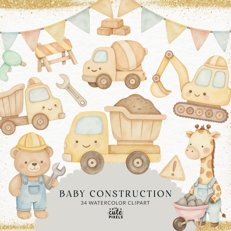 Construction Clipart Watercolor Bundle, Construction Vehicles Clipart ...