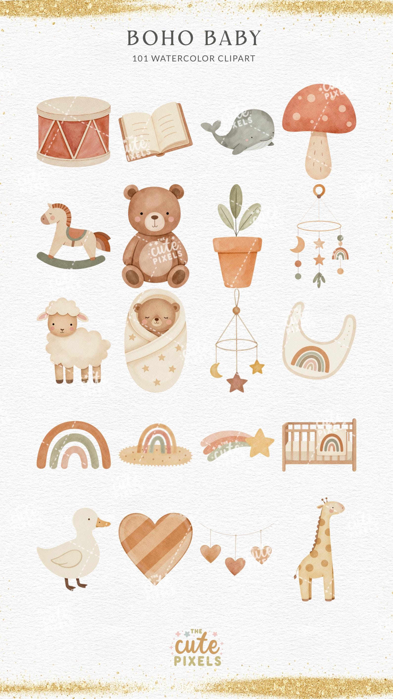 Boho Baby Watercolor Clipart, Nursery Animal Clipart, Boho Baby Shower ...