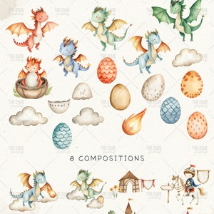 Knight and Dragon Watercolor Clipart, Castle Fairy Tale Dragons King ...